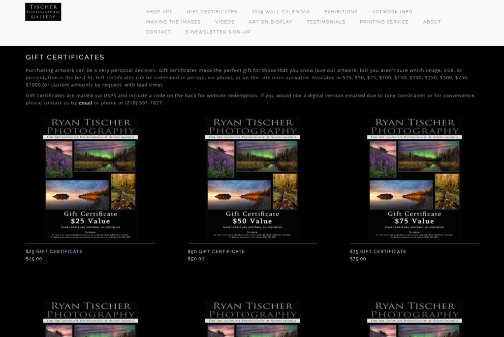Successful Art Storefronts Photographer Website Examples